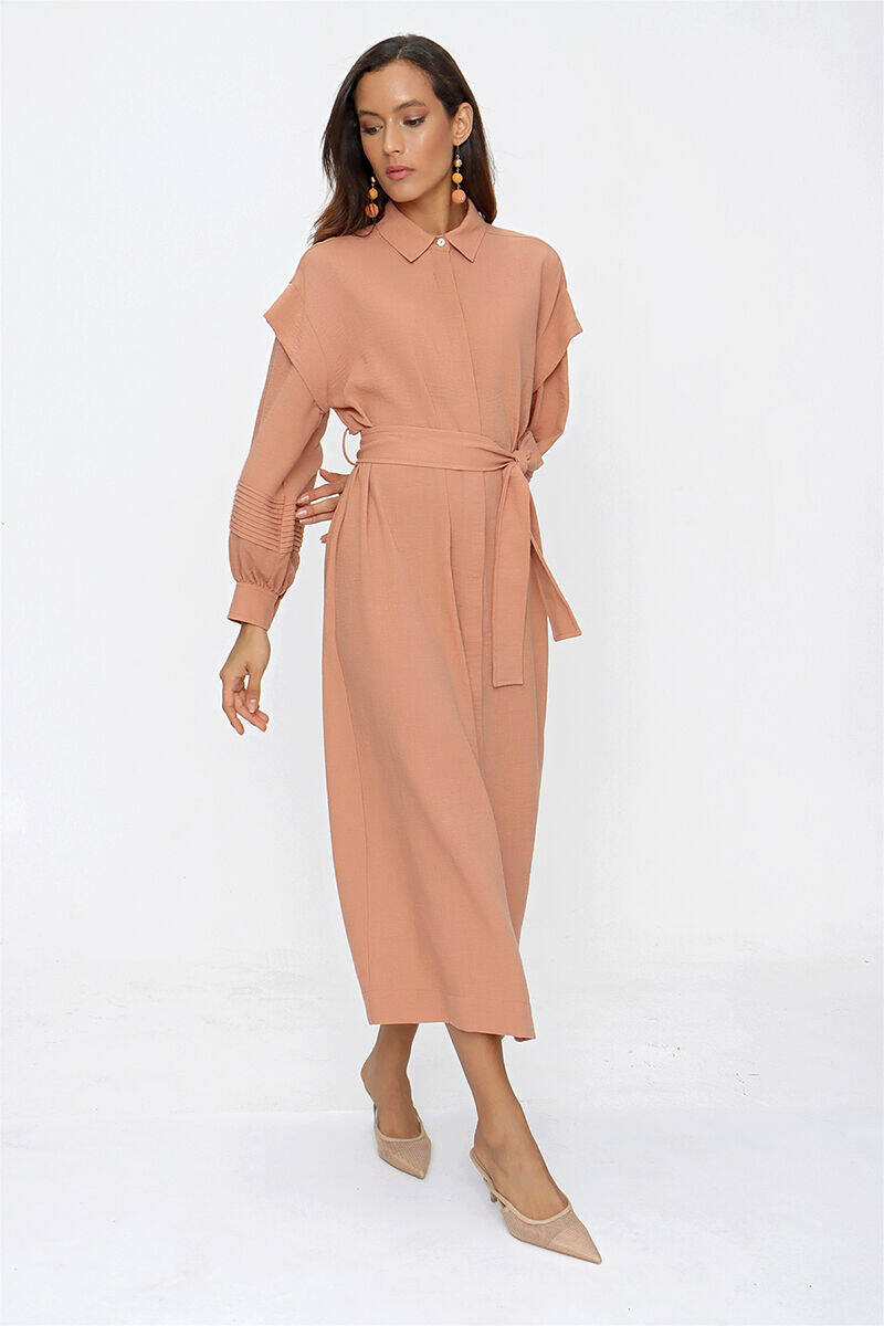 4285111 Kolları Nervür Detaylı Elbise - Aker